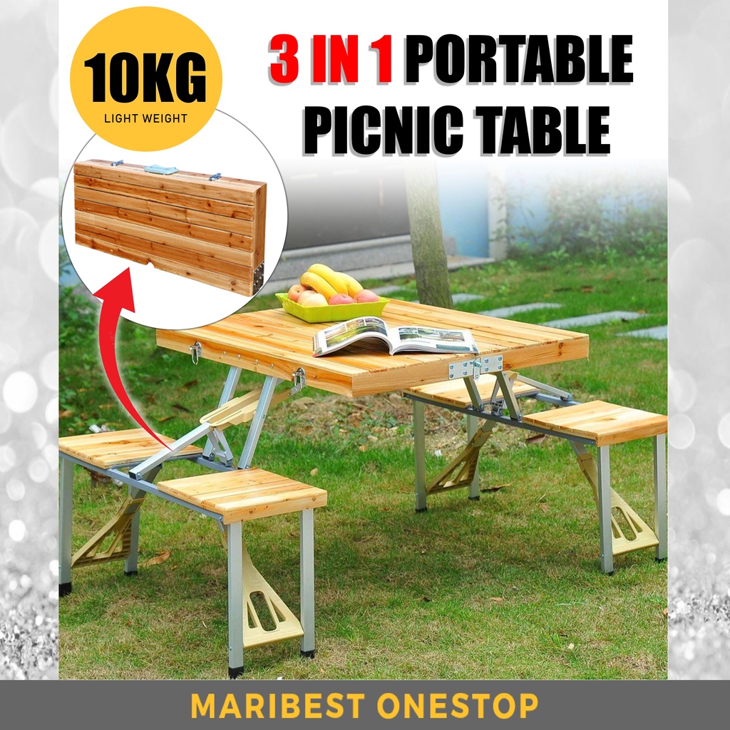 Wooden Foldable Picnic Table Meja Lipat With 4 Chairs Folding ...