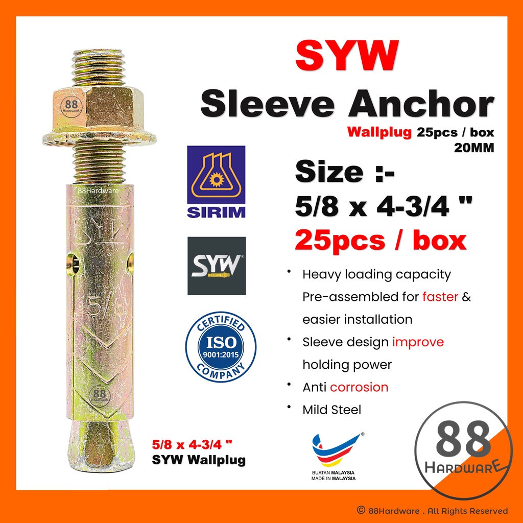【25PCS】(20MM) 5/8 x 4 3/4" SYW wall plug / wall plug besi / 20mm wall ...