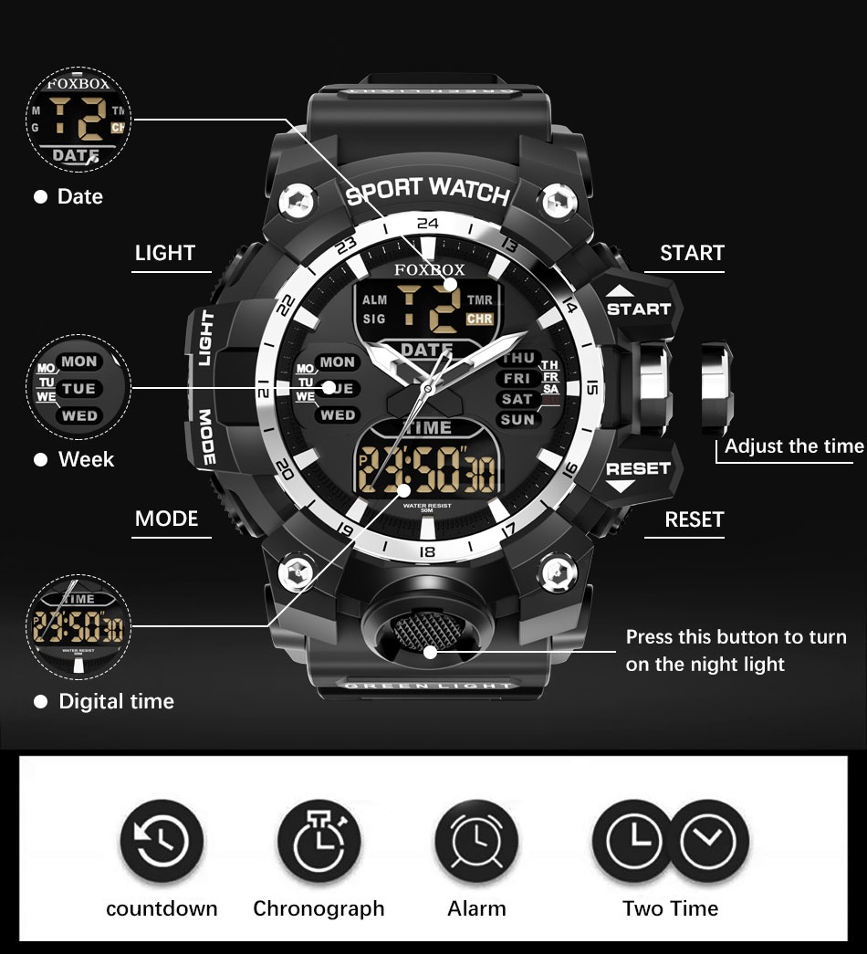 FOXBOX Original Electronic Digital Watch Men Electronic Sport ...