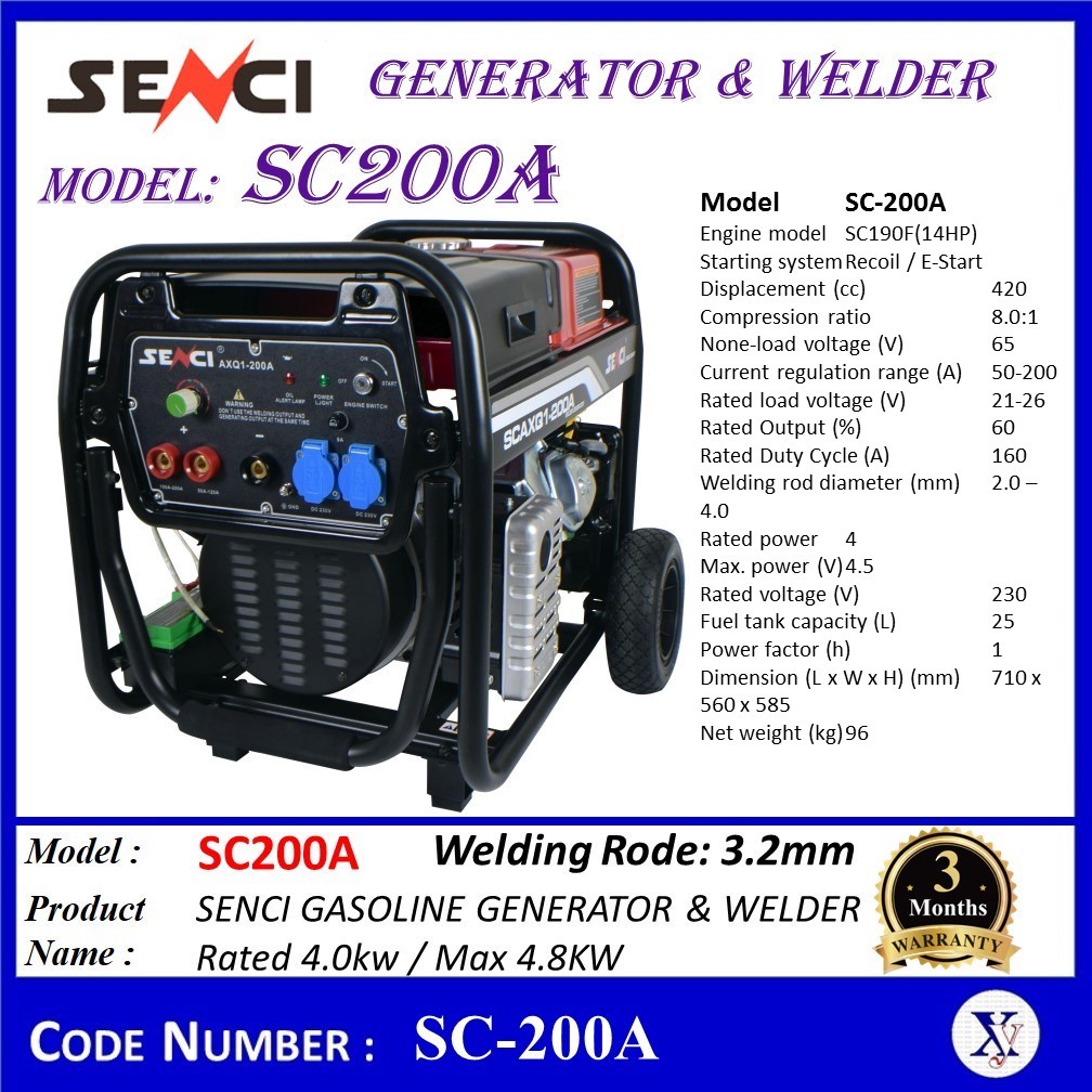 SC-200A SENCI SC200A GASOLINE DC WELDER & GENERATOR 4 / 4.8KW C/W SENCI ENGINE W/OUT BATTERY ...