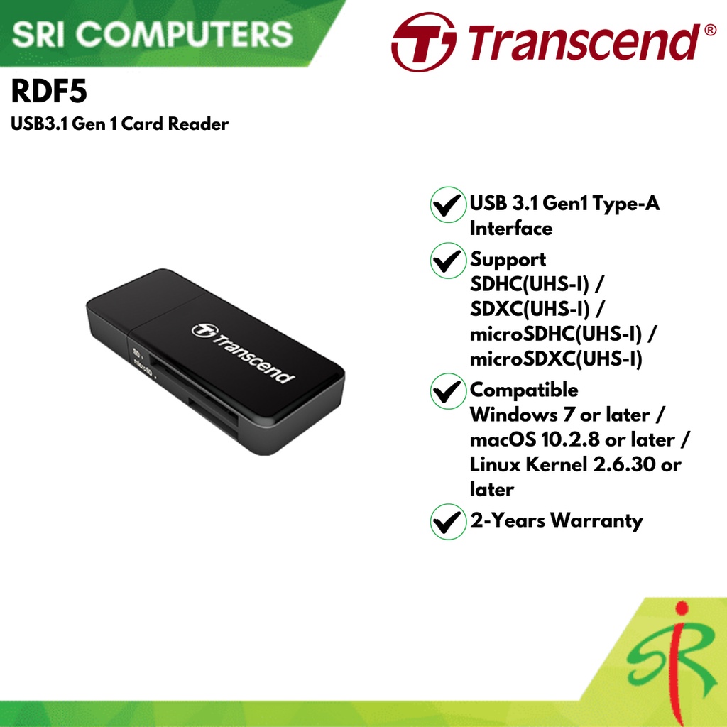 Transcend RDF5 USB3.1 Gen 1 Card Reader (2-YEARS WARRANTY) | Shopee ...