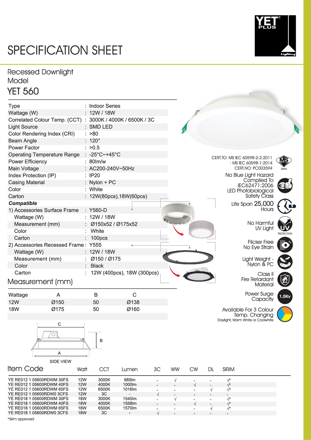 Recessed Downlight 12W 18W 560 561 Square Round with Warranty YET PLUS ...