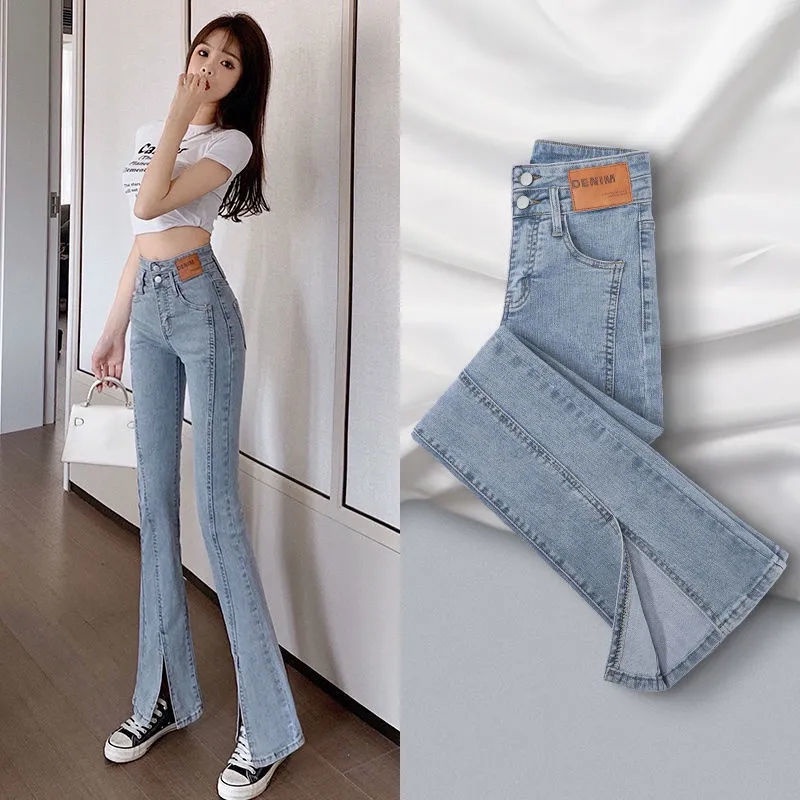 Light blue bootcut skinny jeans women high waist straight cut slim fit ...