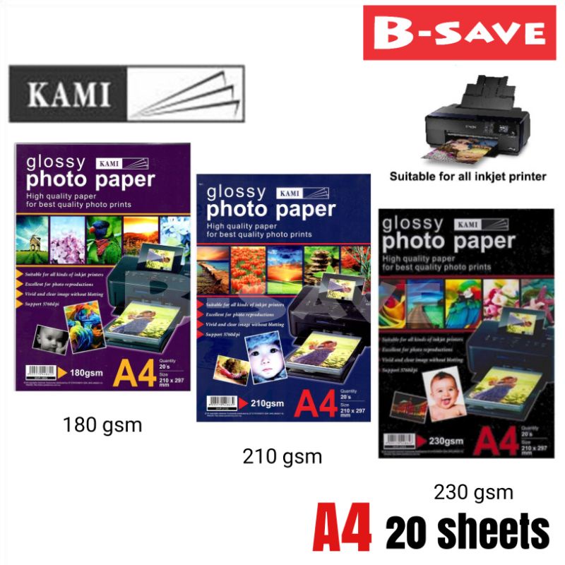 Kami A4 Glossy Photo Paper 180gsm 210gsm / 230gsm 20sheets Kertas ...