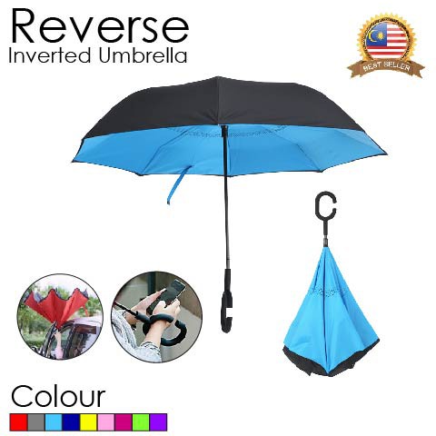 Folding Reverse Inverted Umbrella C Hook Handle Self Stand / Payung ...