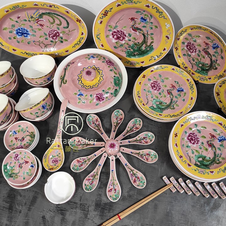 [Antique Pink] Peranakan 56 Items Tableware Set / Dinner set / Baba ...