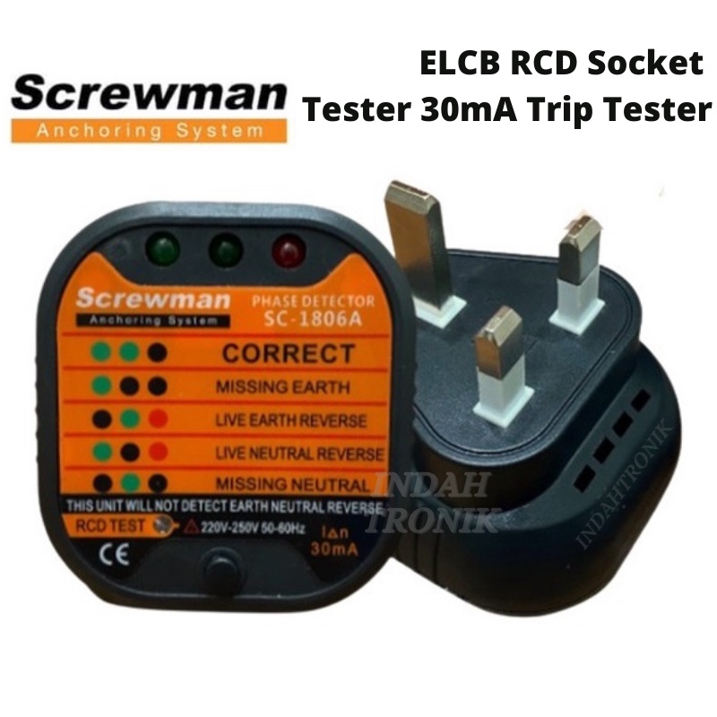 Screwman British Standard 3Pin 13Amp ELCB RCD Socket Tester ELCB Tester ...