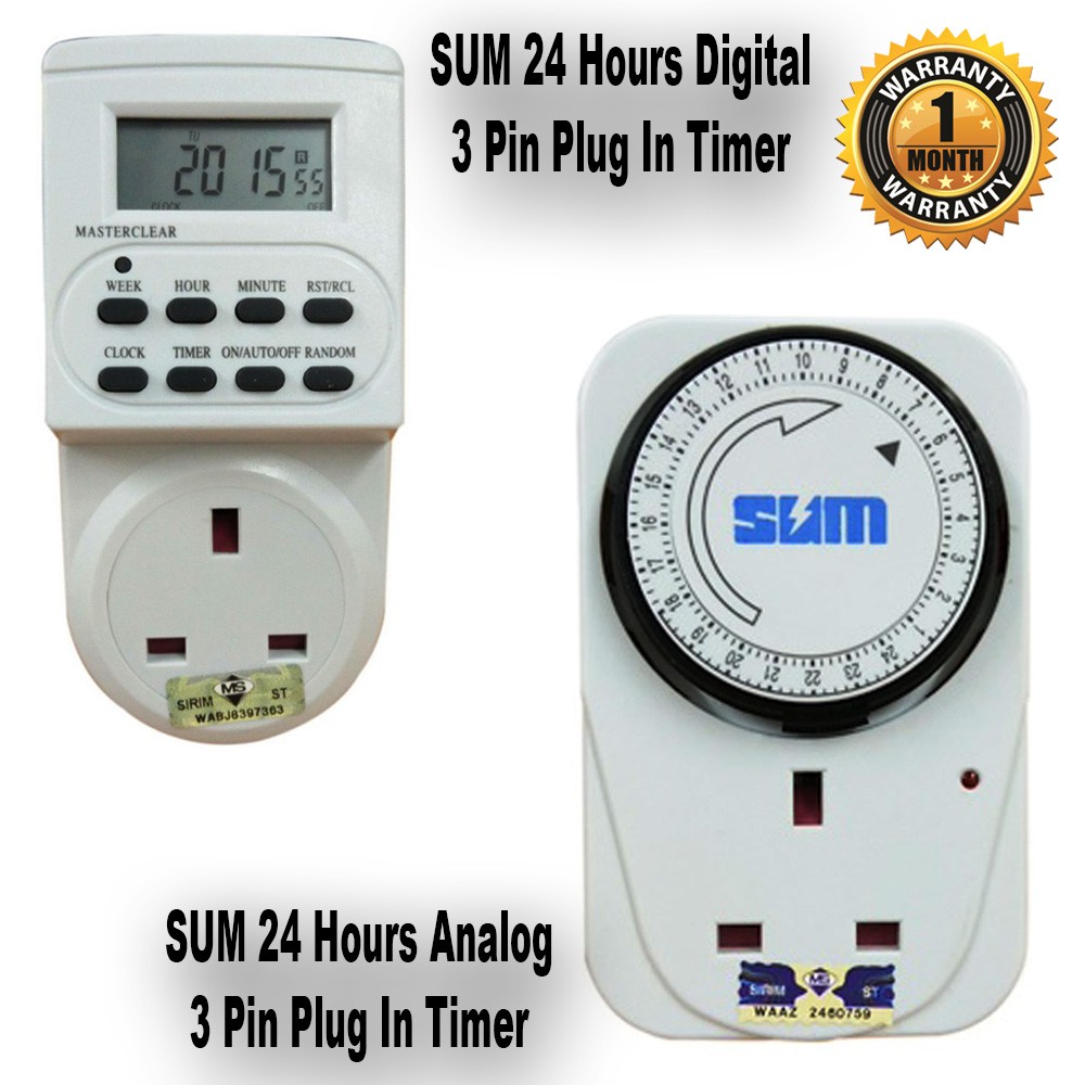 Sum 24 Hours Digital And Analog 3 Pin Plug In Timer Pemasa 3 Pin Digital And Analog Sum 100