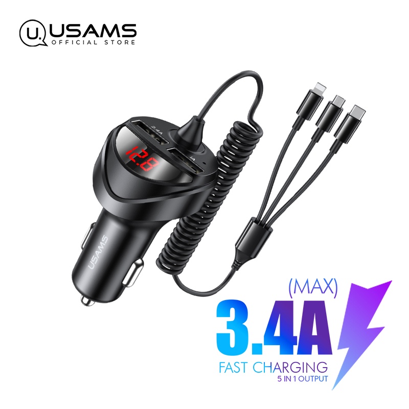 USAMS 3.4A Dual USB Car Charger with 3in1 Spring Cable Type-C/Micro/iP ...