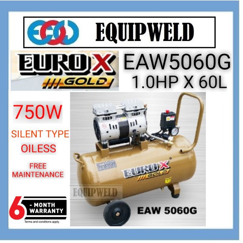 Eurox Gold EAW5060G Oiless Air Compressor 1.0HP X 60 LITRE (Europower) 1HP X 60L Silent Type Oil ...