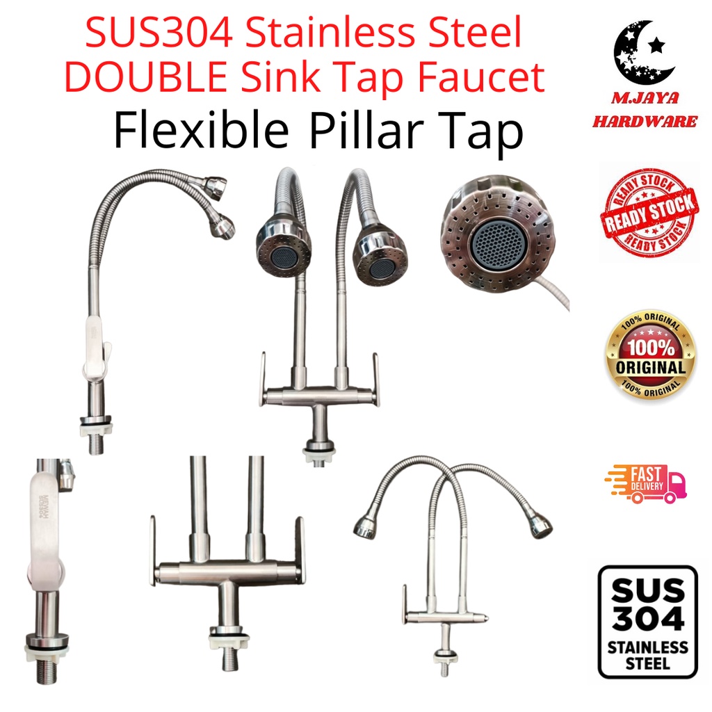 SUS304 Stainless Steel Pillar / Wall Twins Kitchen Sink Faucet Double ...