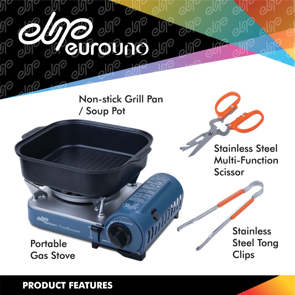 Euro Uno Portable Gas Stove Set Double Flame Burner 2.1kW Gas Cartridge ...