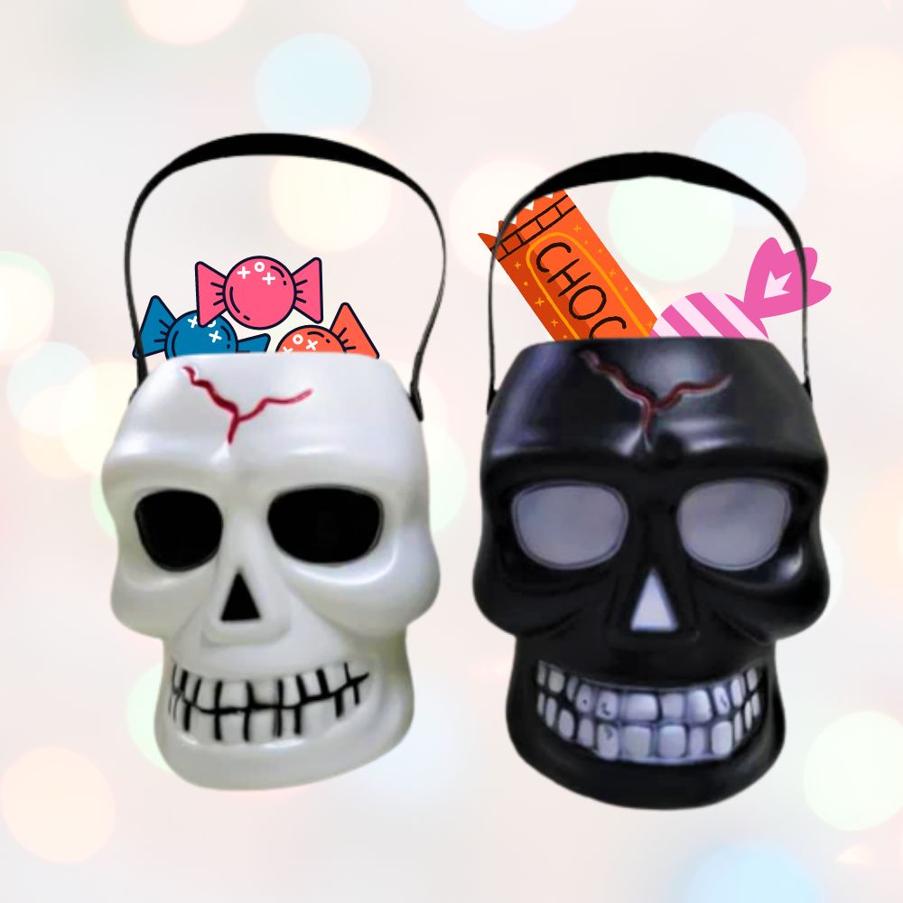 BUY 1 FREE 1 Skull Bucket Holder Halloween Trick or Treat Black White ...