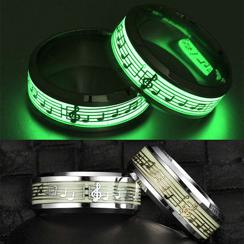 New Fashion Dark Luminous Music Score Ring Stainless Steel Ring Musical ...