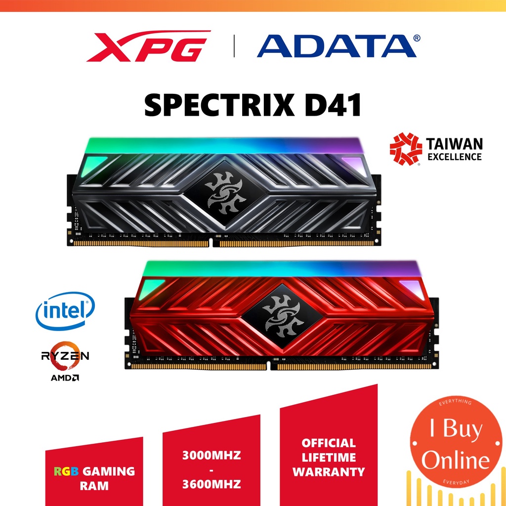 ADATA XPG Gaming RAM Spectrix D41 RGB DDR4 3000/3200/3600 - Grey/Red ...