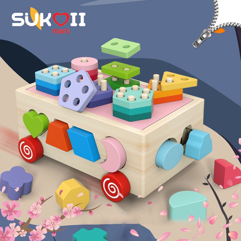 SKOI Kids Wooden Puzzle Shape Cognition Pairing Column Tractor Color ...