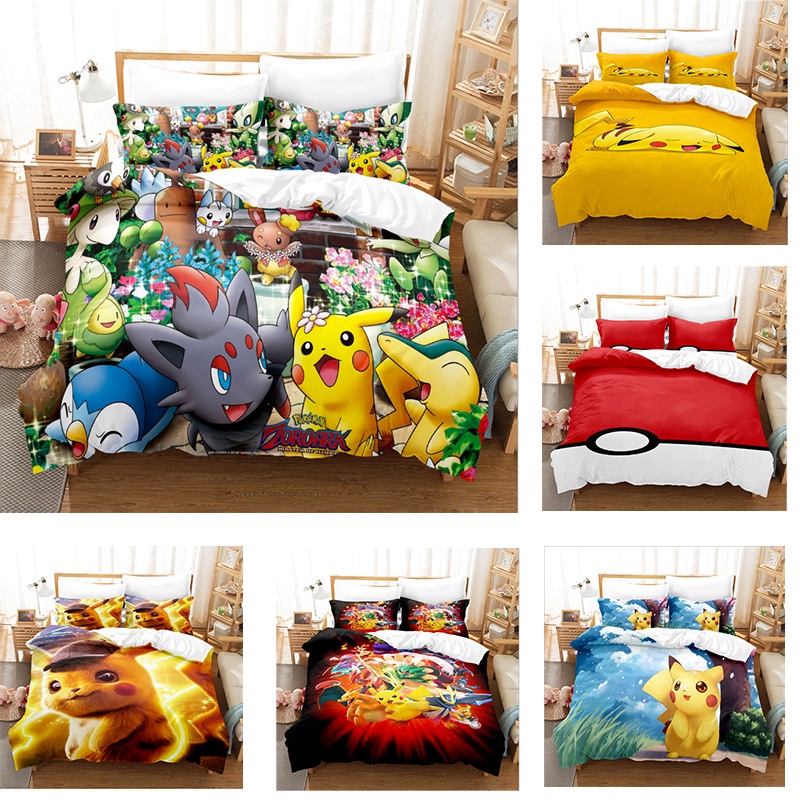 Cartoon Pikachu Bed Set Quilt Cover Cute Pokemon Kids Students Single ...