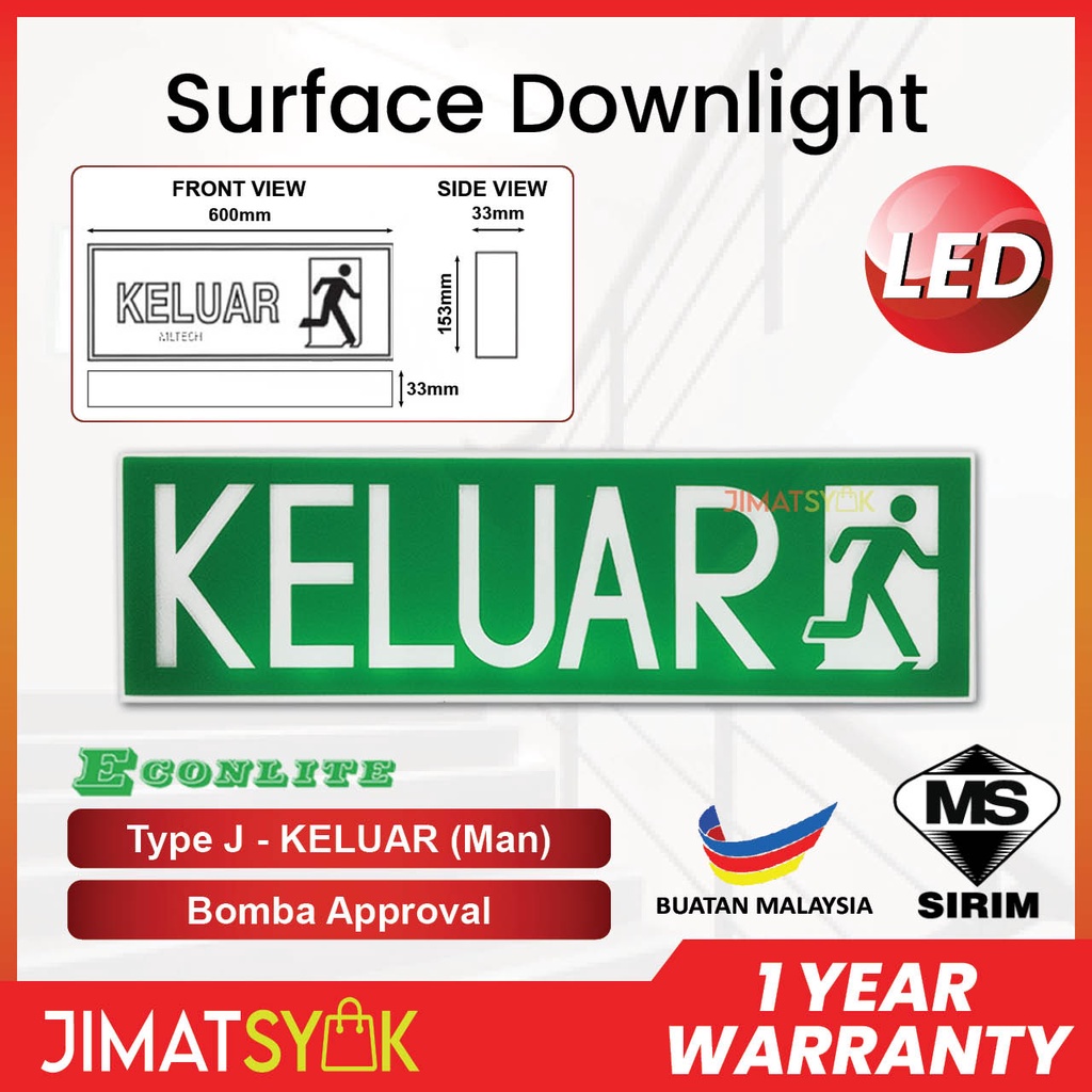 [SIRIM/BOMBA APPROVED] LED Emergency Light BE1ST 101B Keluar Sign Recessed Type Surface Type ...