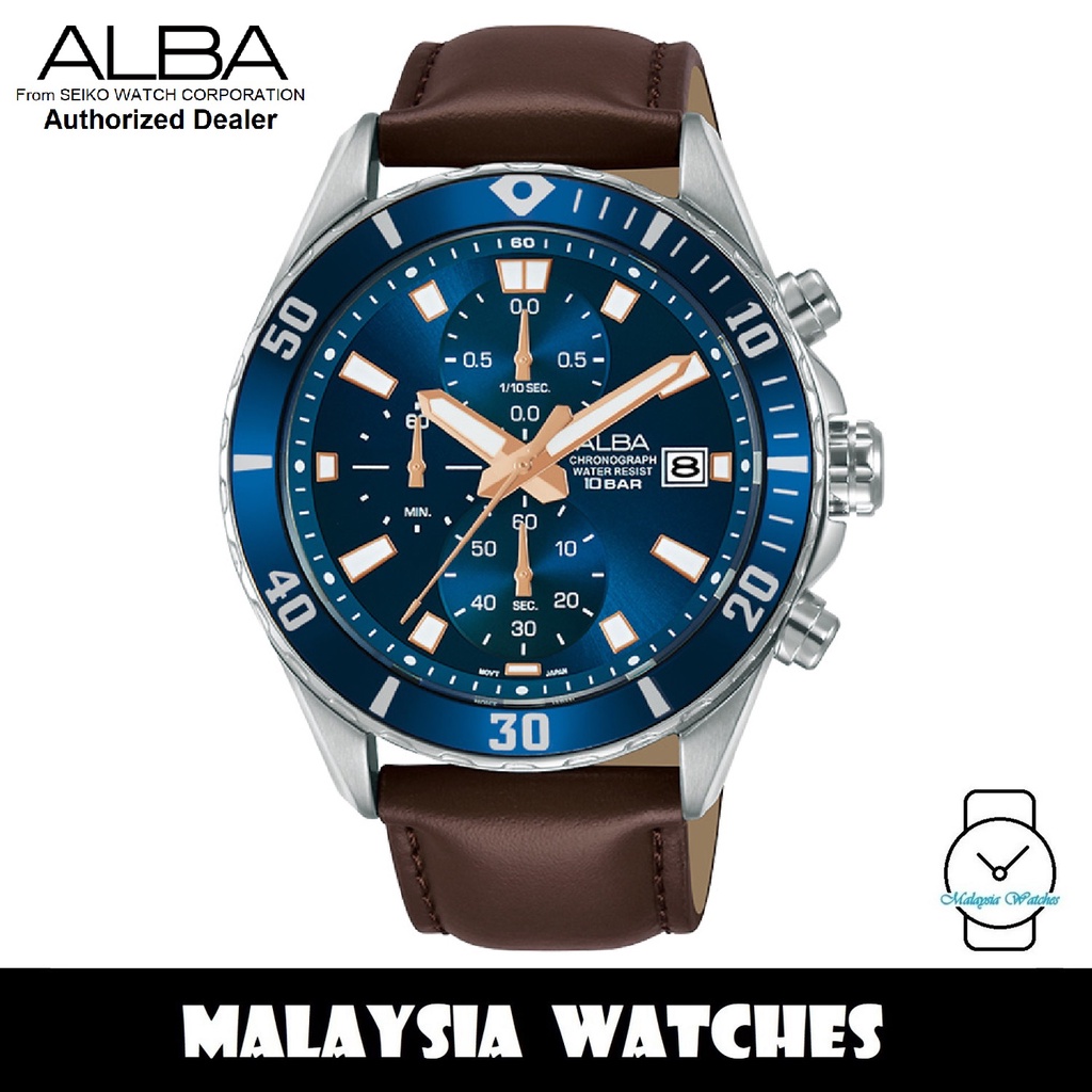 ALBA AM3813X Quartz Analog Chronograph Blue Dial Brown Leather Strap ...