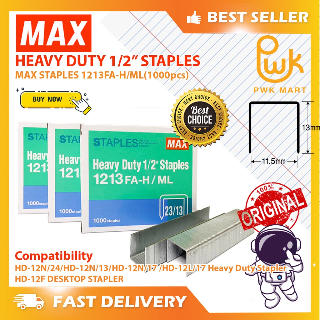 MAX STAPLES 1213FA-H/ML( 1BOX/1000PCS) HEAVY DUTY 1/2" STAPLES | Shopee ...