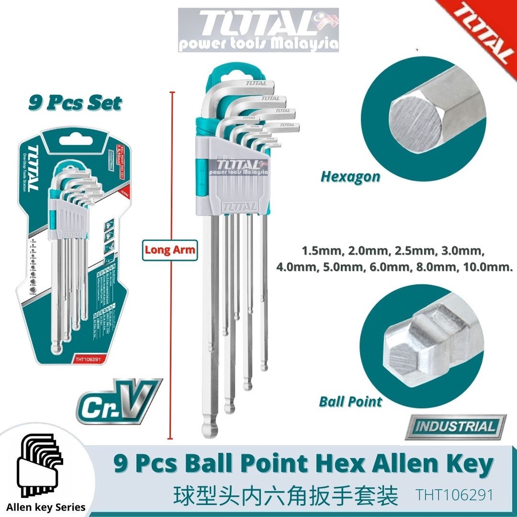 TOTAL 9 Pcs Ball Point Hex Allen Key Set 球型头内六角扳手套装 - THT106291 ...