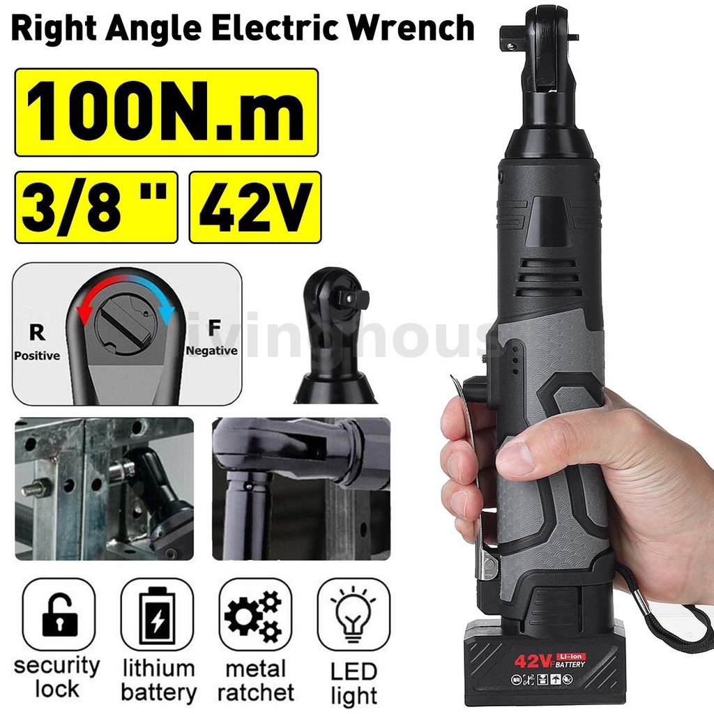 Electric Ratchet Right Angle Wrench Cordless W/1/2 Battery 3/8'' 42V ...