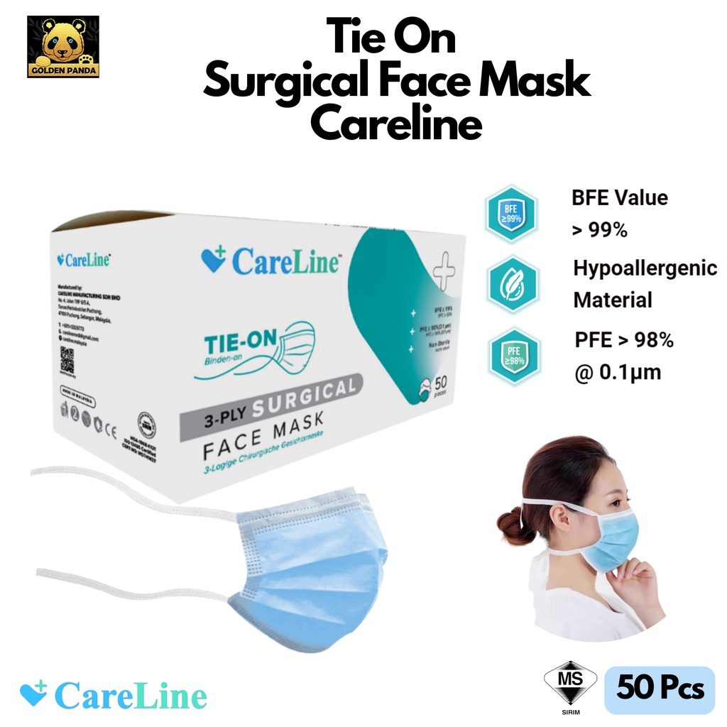 Careline Surgical Facemask Tie On/3 Layer Tie On Face Mask/Pelitup Muka ...