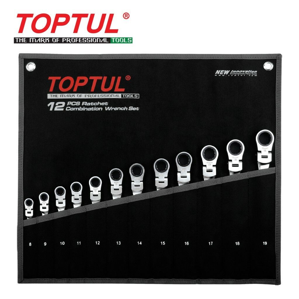 TOPTUL 12pcs Pro-Series Flexible Ratchet Combination Wrench Set Pouch ...