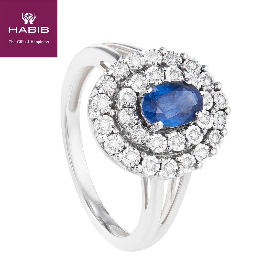 HABIB Oval Shape Blue Sapphire Halo Round Diamond Ring in 375/9K White ...