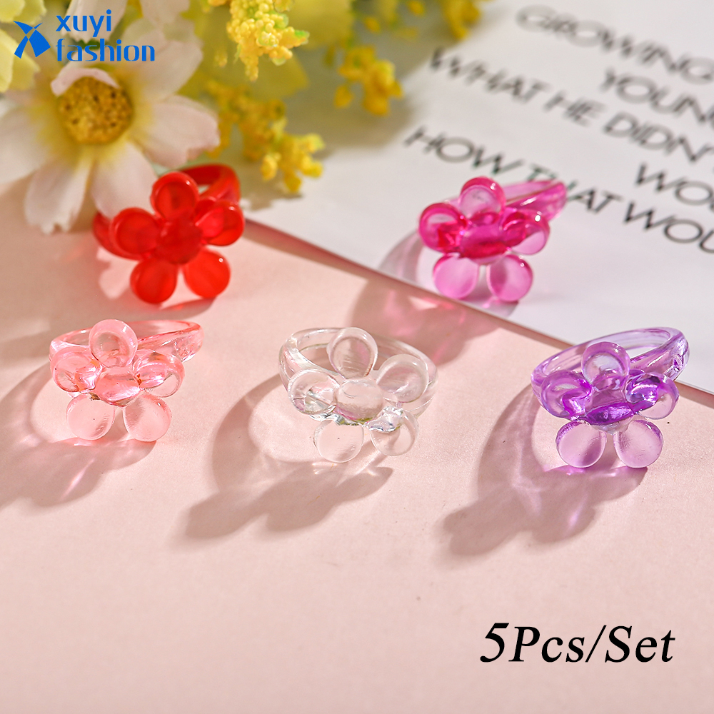 5pcs/set Cartoon Multicolor Baby Kids Resin Ring Cute Flower ...