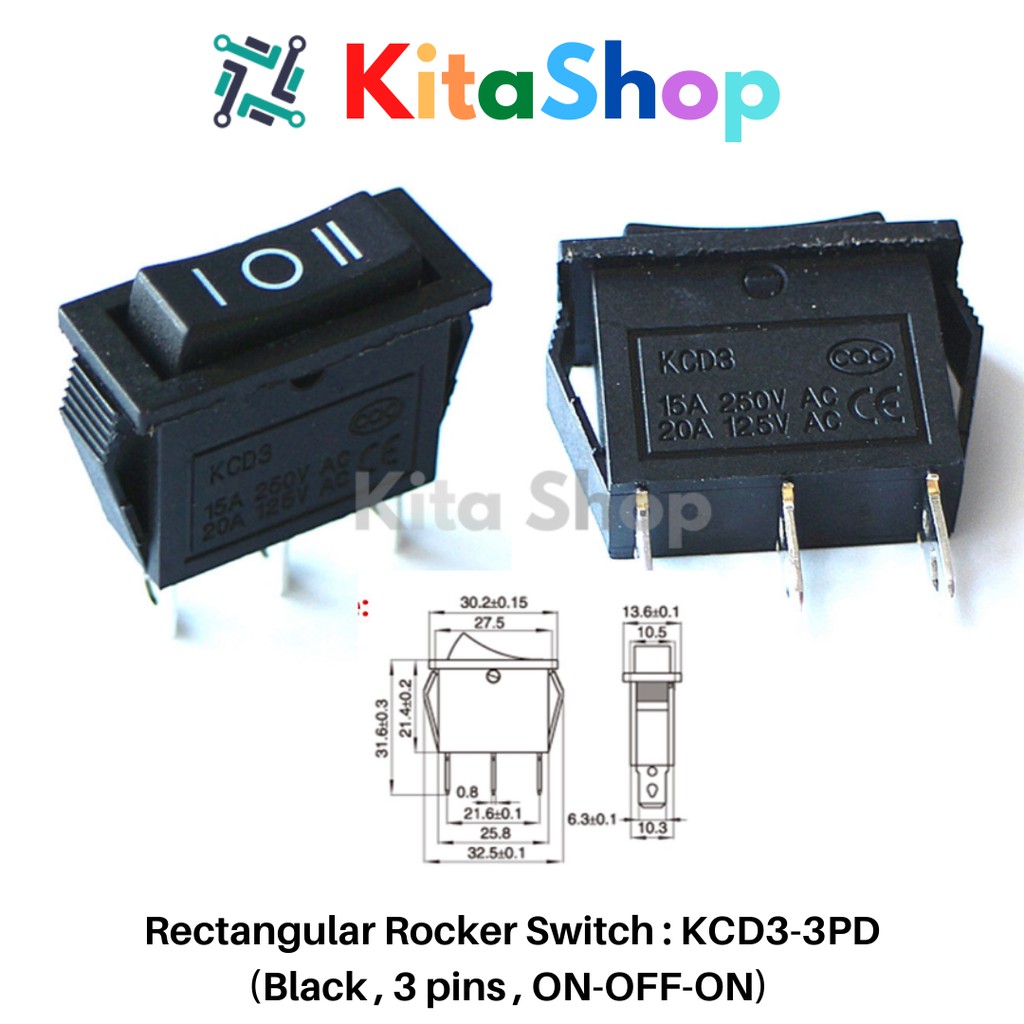 Rectangular Rocker Switch : KCD3-3PD (Black , 3 pins , ON-OFF-ON ...