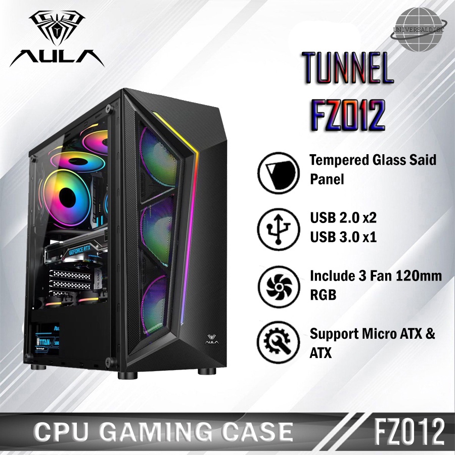 Aula FZ012 Tunnel Micro ATX/ATX Gaming PC CPU Case + 3 RGB Fans ...