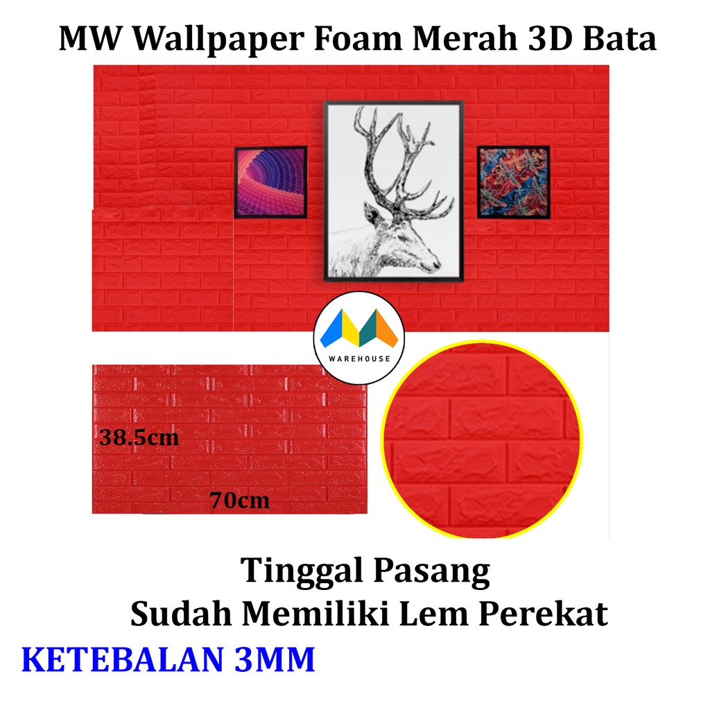 MERAH Mw Wallpaper Foam Red 3D Brick Red Color Premium Wall Paper ...