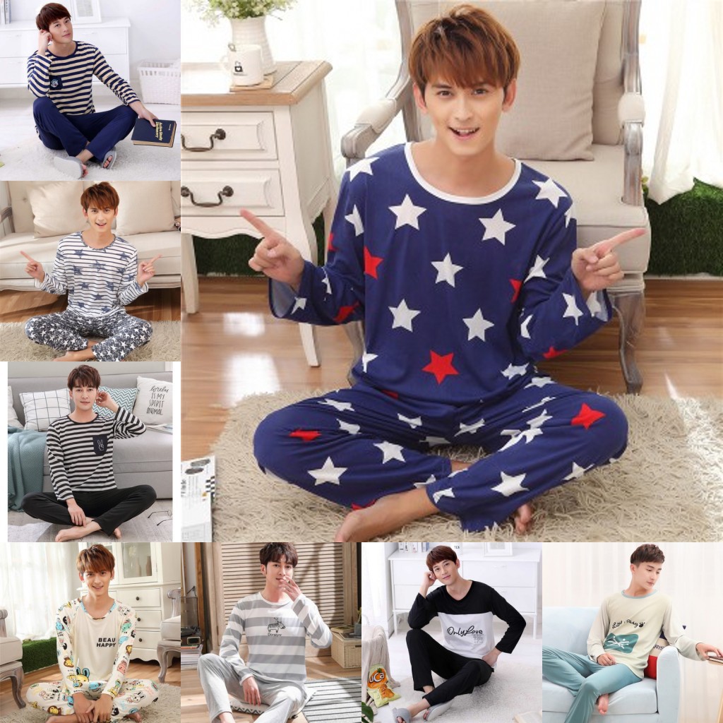 Men Milk Silk Long Sleeve Pyjamas Baju Tidur Sleepwear Nightwear ...