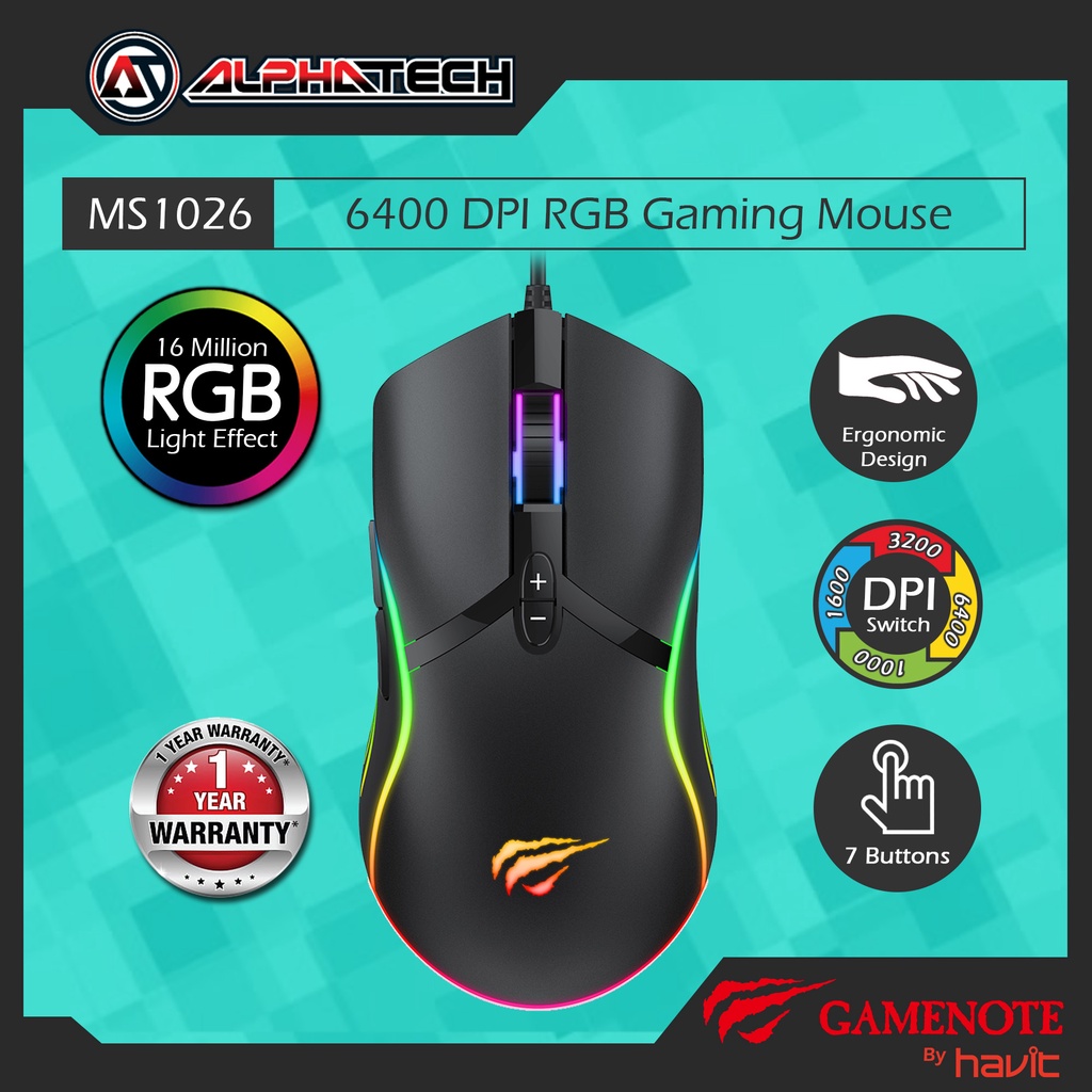 Gamenote MS1026 RGB Gaming Mouse, 6400K DPI, Ergonomic Design, Backward ...