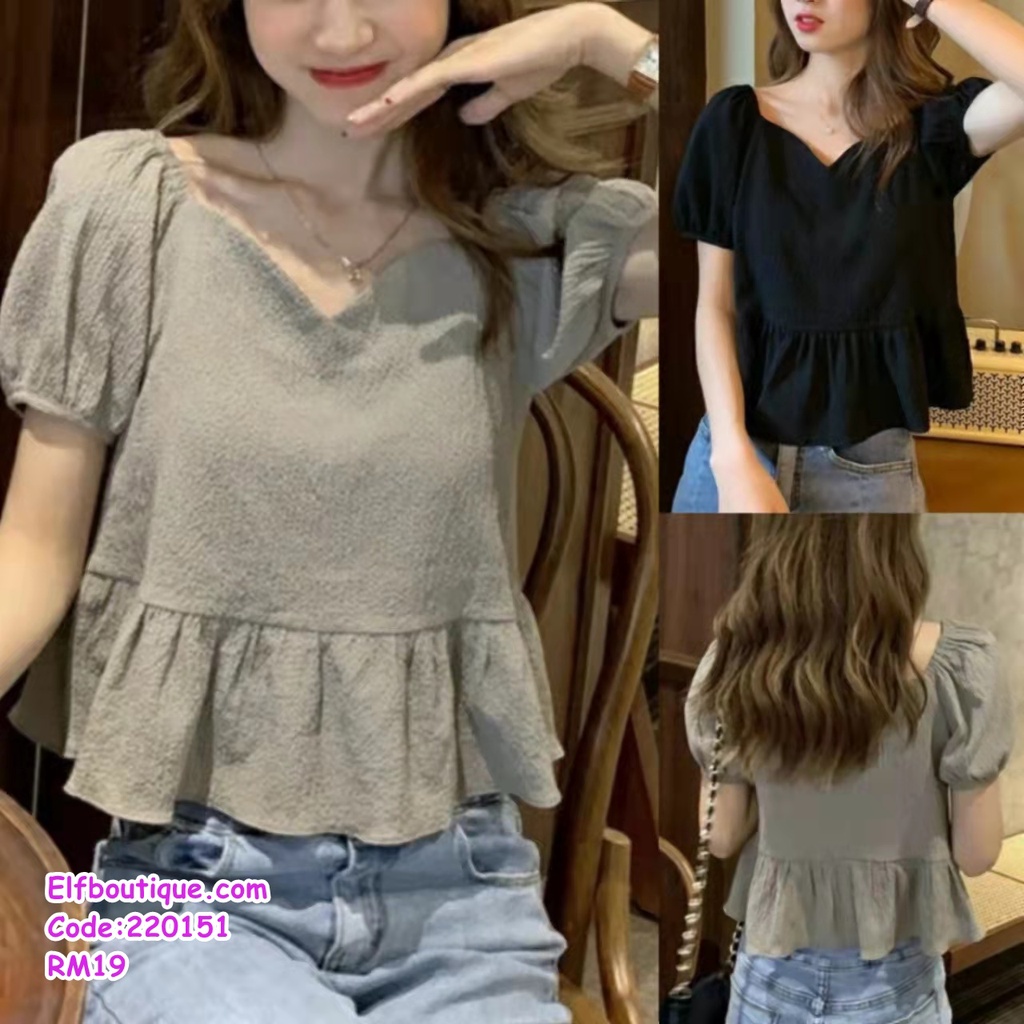 READY STOCK Woman Short Puff Sleeve V-Neck Chiffon Simple Blouse Top ...