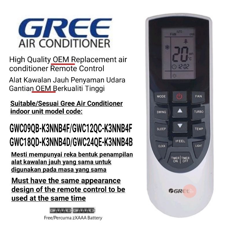 Gree air cond Air conditioner Replacement Remote Control YAN1F1 ...