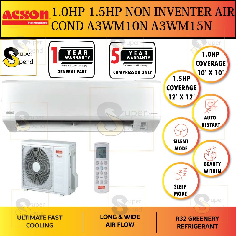 [ 1HP / 1.5HP ] Acson R32 1.0HP 1.5HP Non Inverter Air cond conditioner A3WM10N A3WM15N similar ...