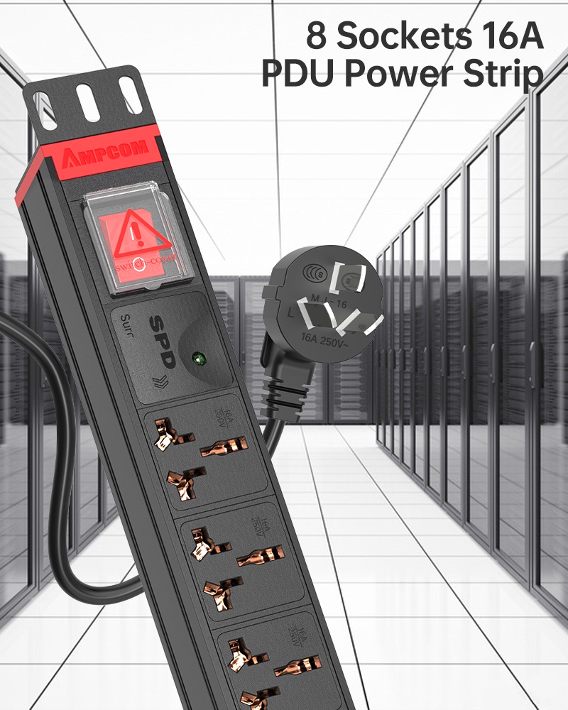 AMPCOM 19in Universal PDU 8 Outlets with Master Switch Lightning ...