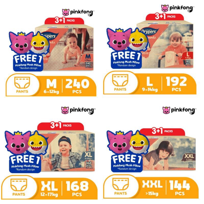 Drypers Drypantz M / L / XL / XXL (3+1packs) BOX FOC PINKFONG/ HOGI ...