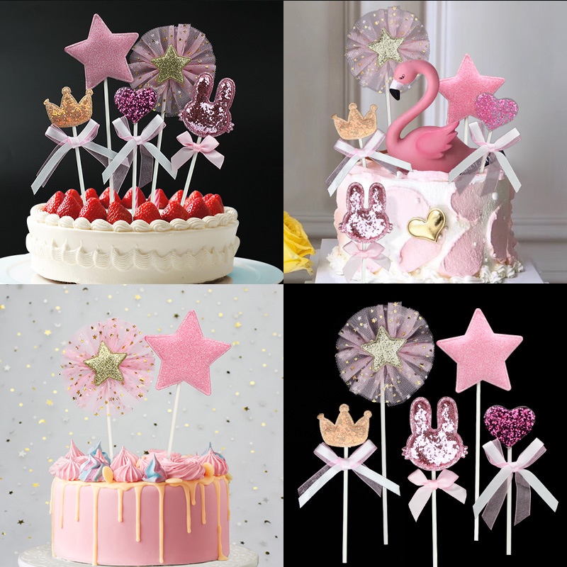 5 Pcs Pink Rabbit Cake Topper Decoration B irthday Anniversary Ornament ...