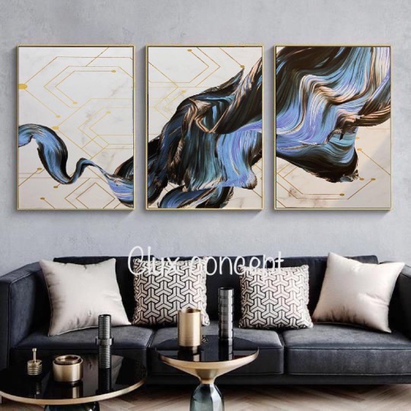 (Set of 3 with frame) marble background with blue waved abstract art ...