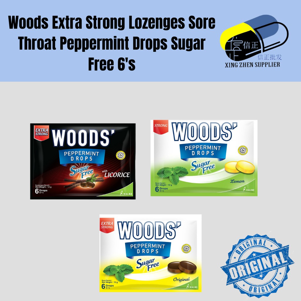 Woods Extra Strong Lozenges Sore Throat Peppermint Drops Sugar Free 6's ...