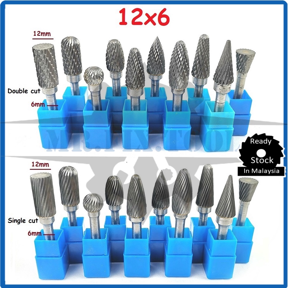 10pcs 12x6mm Tungsten Carbide Burr 6mm Single Cut Double Cut Rotary ...