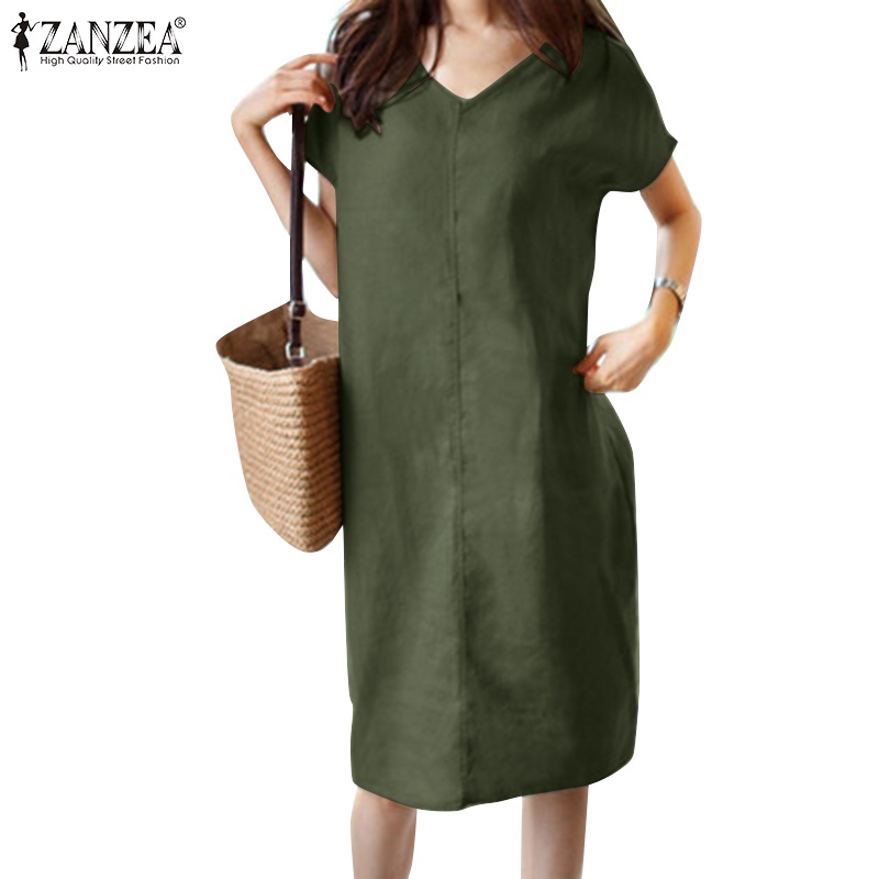 Zanzea Women Retro Daily Casual V Neck Short Sleeve Loose Mid Dress