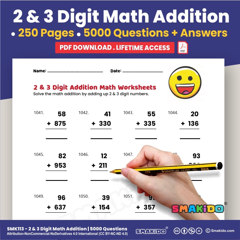 [ Soft Copy/PDF ] 5000 Questions- 2 & 3 Digit Math Addition Worksheets ...