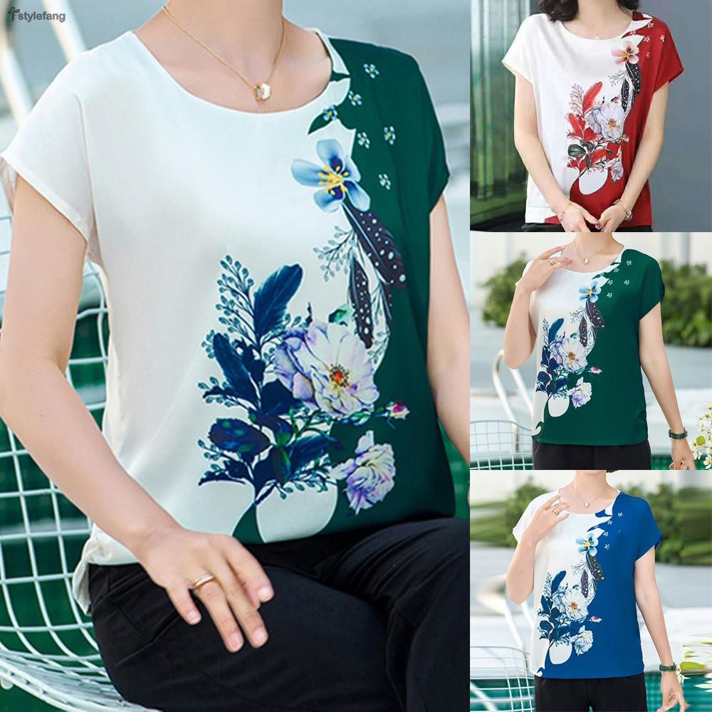 Plus Size Womens Blouse Ice Silk Round Neck Loose Short Sleeve Top new ...