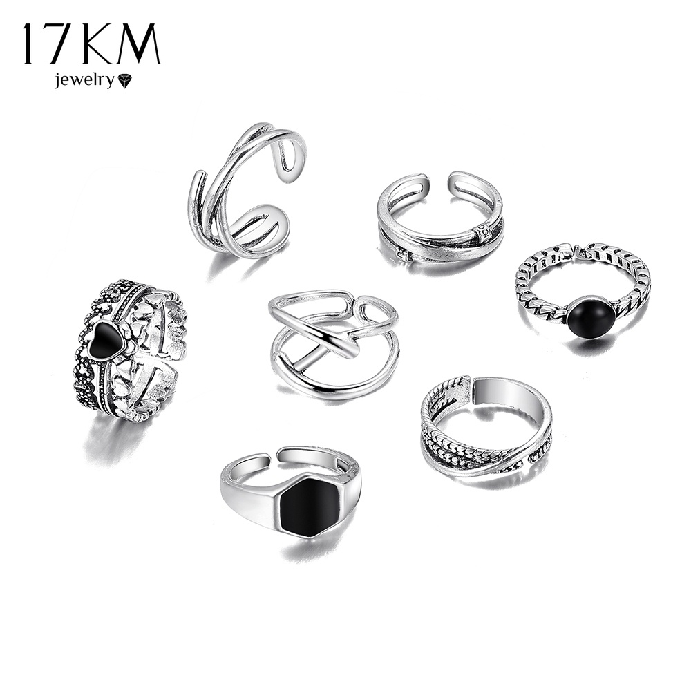 17KM 7pcs/set Vintage Black Crystal Silver Rings Set Twist Cutout Open ...