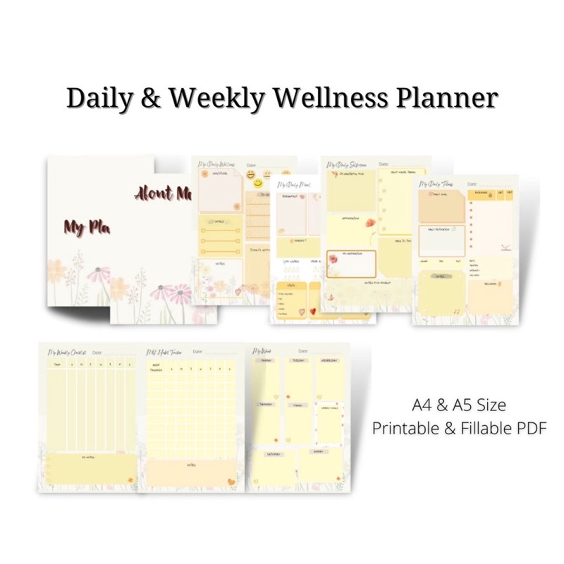 Printable Digital Yellow A4/A5/Letter Daily & Weekly Wellness Planner ...