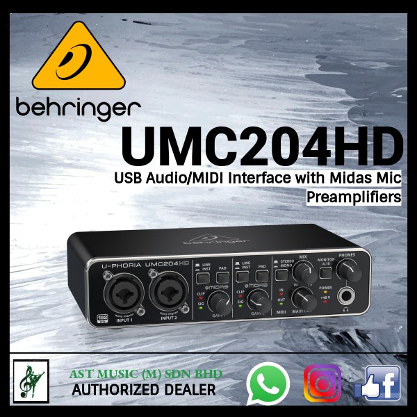 Behringer UMC204HD USB Audio/MIDI Interface with Midas Mic ...